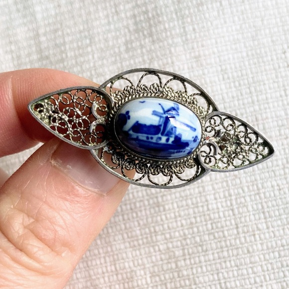 Delft | Jewelry | Vintage Holland Delft Porcelain Windmill Dommed Oval ...